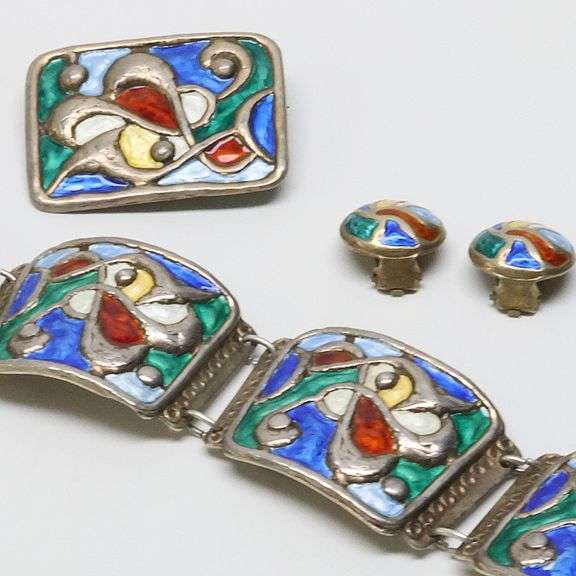 OYSTEIN BALLE, NORWAY; Modernist Sterling Silver Enamel Jewelry Suite ...