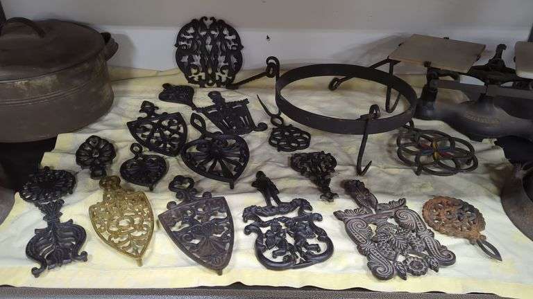 Collection of Vintage Cast Iron & Brass Trivets, Wagner Waffle Press ...