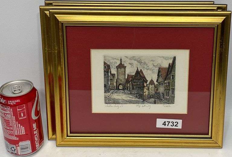 4 Vintage Pencil Signed Colored Etchings - Dixon's Auction at Crumpton