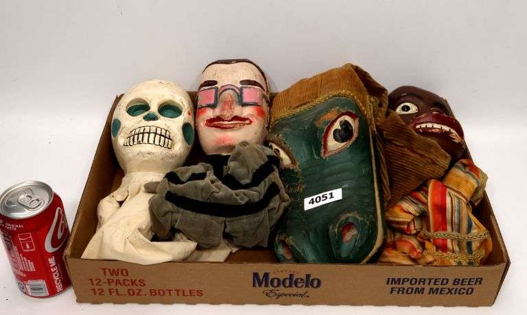 (4) Antique Folk Art Puppet Heads - Dixon's Auction at Crumpton
