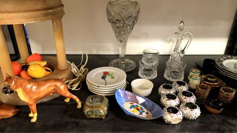 Lot Vintage China Dishes, Crystal Glasses, Cruet, Ceramic Boxer Dog ...