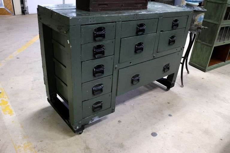 Antique Multi Drawer Workbench Mounted on Casters - Dixon's Auction at ...