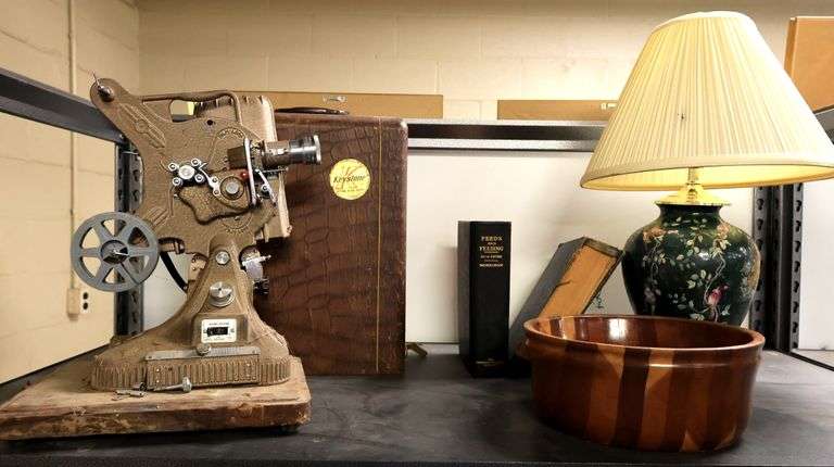Vintage Keystone Film Projector, Wood Turned Bowl, Table Lamp & Books ...