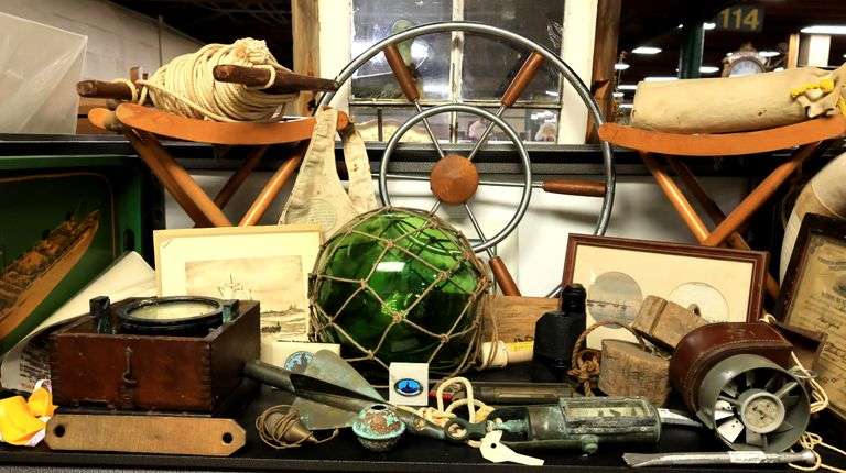 Lot of Vintage Nautical Items, Ships Wheel, Glass Float Ball, Ships Log ...