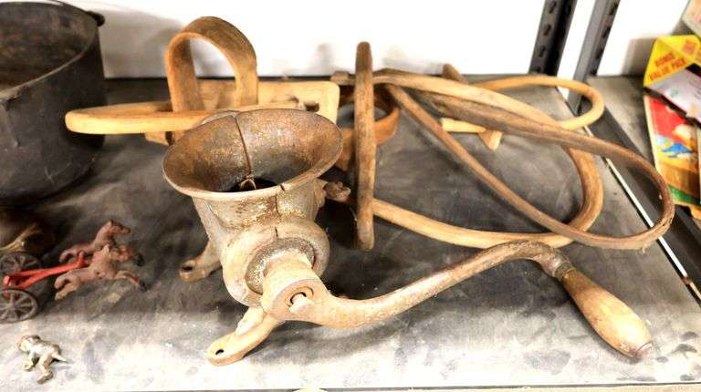 Antique Sad Irons, Cauldron Cook Pot, Meat Grinder, Cast Iron Pig Bank ...