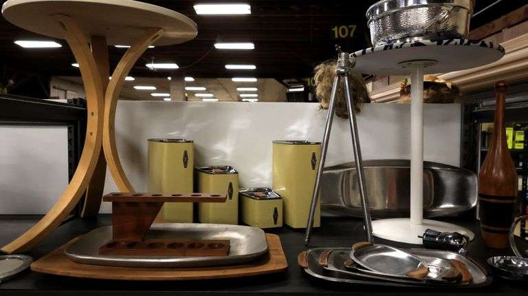 Lot of MCM Style Decor, Canister Set, Serving Trays, Pipe Stand, Tables ...