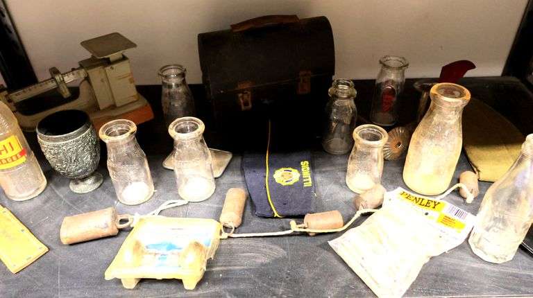 Lot Vintage Dairy & Soda Bottles, Metal Lunch Box, Scales Etc. - Dixon ...
