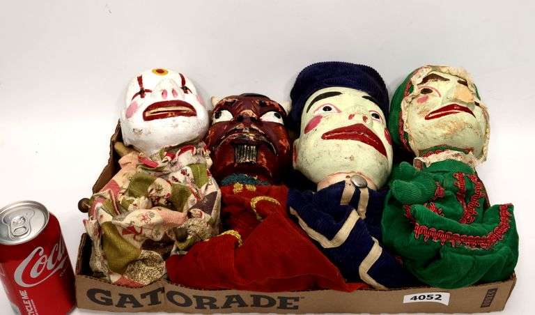 (4) Antique Folk Art Puppet Heads - Dixon's Auction at Crumpton