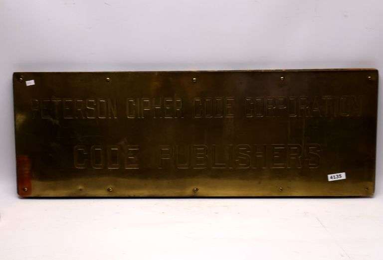 Antique Peterson Cipher Code Corporation Code Publishers Brass Sign ...