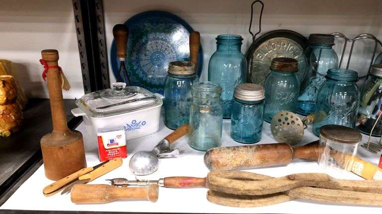 Lot of Vintage Ball Canning Jars, Jadeite Bowl, Kitchen Tools Etc ...