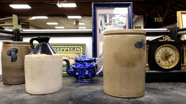 Lot Antique Stoneware, Blue & White Teapot, Mantel Clock, Zeppelin ...