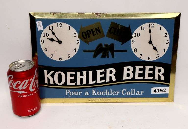 Vintage Koehler Beer Open Close Tin Sign - Dixon's Auction at Crumpton