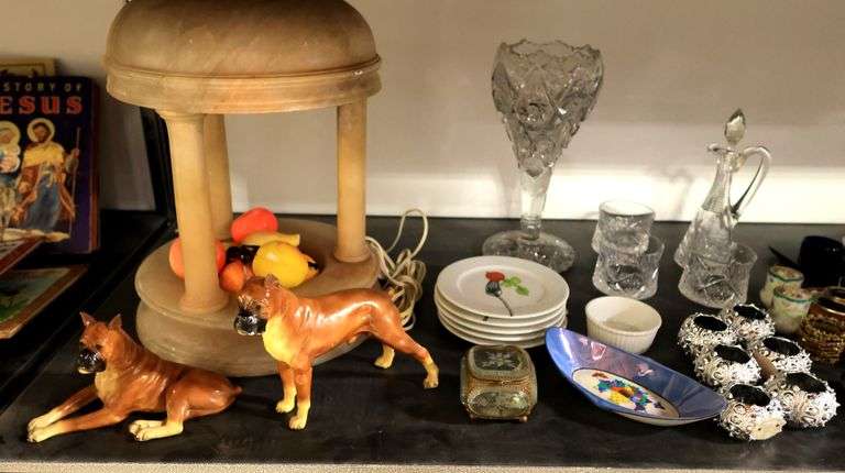 Lot Vintage China Dishes, Crystal Glasses, Cruet, Ceramic Boxer Dog ...