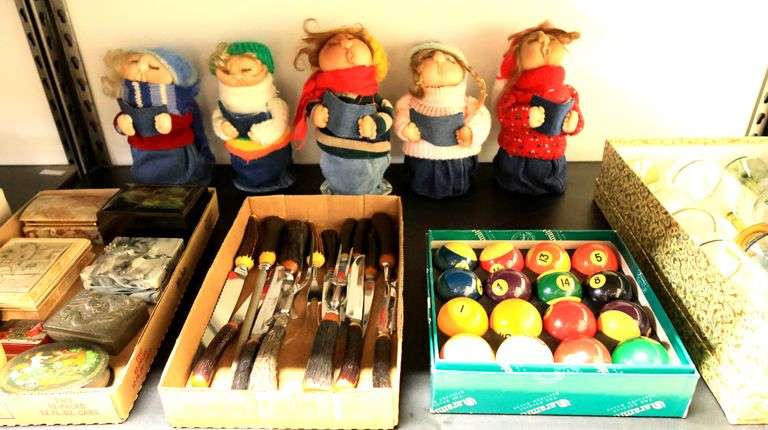 Lot of Gold Rim Stemware, Billiard Balls, Meat Carving Sets, Dresser ...
