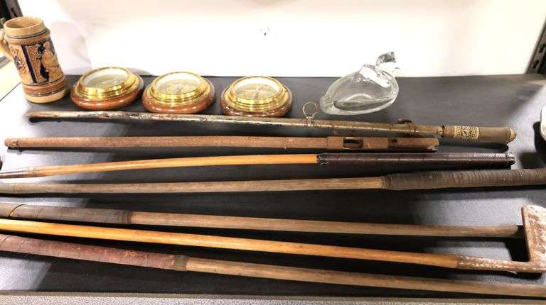 Lot of Vintage Wood Shaft Golf Clubs, Barometers, Guardian Ware Gravy ...