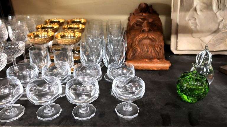 Lot of Crystal & Glass Stemware, Bar Glasses, Moses Statue, Wall Plaque ...