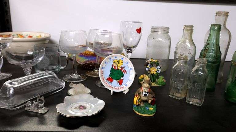 Lot Vintage Bottles, Mixing Bowl, Stuart Ariel Crystal Stemware, Desk ...