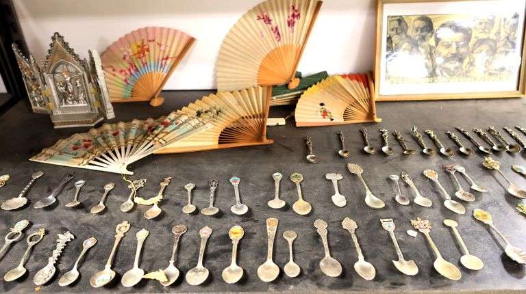 Collection of Vintage Souvenir Spoons, Oriental Hand Fans, Religious ...
