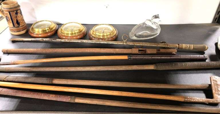 Lot of Vintage Wood Shaft Golf Clubs, Barometers, Guardian Ware Gravy ...
