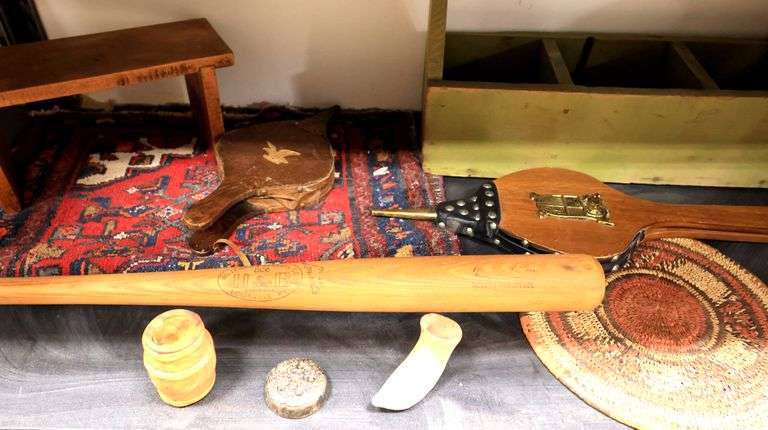 Lot Vintage Nelson Fox Baseball Bat, Fireplace Bellows, Carpet Etc ...
