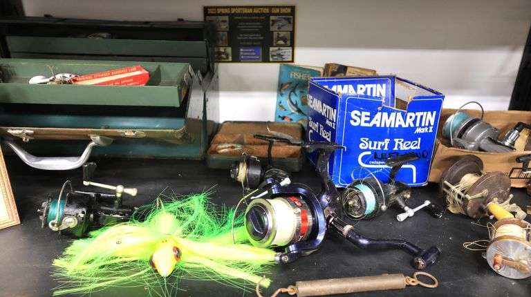 Lot of Fishing Tackle & Gear, Box, Reels, Pointer Dog Print - Dixon's ...
