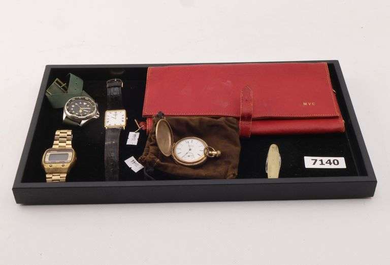 Tray Lot of Watches & Misc. Including Elgin Gold-Filled Pocket Watch ...