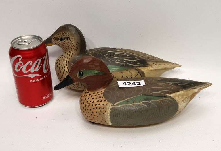 Pair Jimmy Bowden Green Winged Teal Duck Decoy - Dixon's Auction at ...