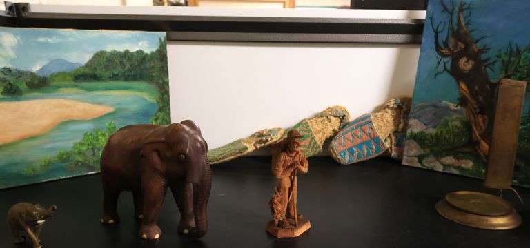 Brass & Wood Carved Elephant & Man Statues, Landscape Paintings, Woven ...