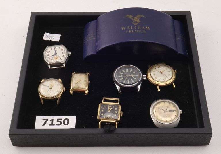 Tray Lot of Vintage Watches + Waltham Box Including Benrus & Bulova ...
