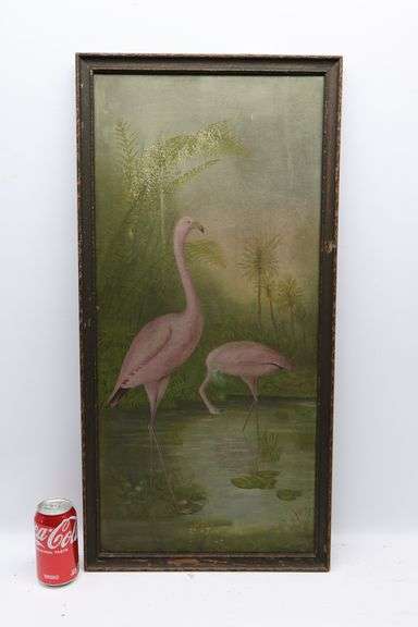 Antique Oil on Canvas Painting of Flamingos, Minor Flaking/Slit Repair ...