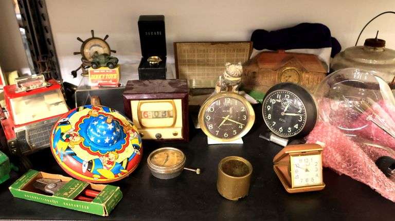 Lot of Vintage Alarm Clocks, Toys, Mac Truck Dog Emblem, Oversized ...