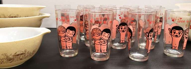 Lot Vintage Style Pyrex Dishes, Love is Character Glasses - Dixon's ...