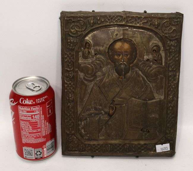 Antique Russian Orthodox Icon with Brass Oklad - Dixon's Auction at Crumpton