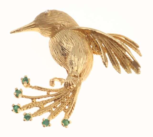 14k Gold Hummingbird Pin with Diamond Eyes & Lab Emerald Tail Feathers ...