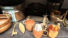 Lot of Copper & Brass Cookware, Pots, Coat Scuttle, Skeleton Key Etc ...