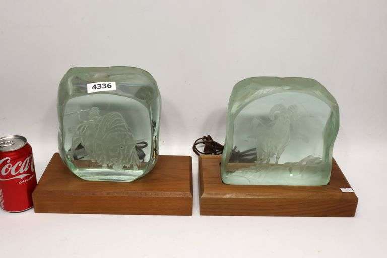 (2) R. M. Yates Etched Crystal Lighted Sculpture-Native American ...