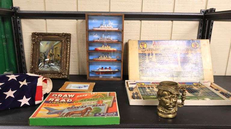 Lot Vintage Ship Models & Admirals Navy Game, Flag, Framed Art Etc ...