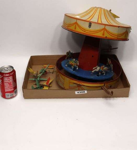 Vintage Tin Race Horse and Airplanes Carousel Toy - Dixon's Auction at ...