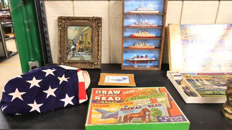 Lot Vintage Ship Models & Admirals Navy Game, Flag, Framed Art Etc ...