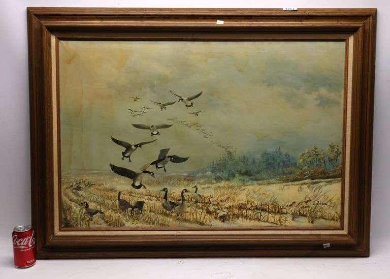 L. Becker Oil on Canvas Painting of Geese in Field, Discoloration ...