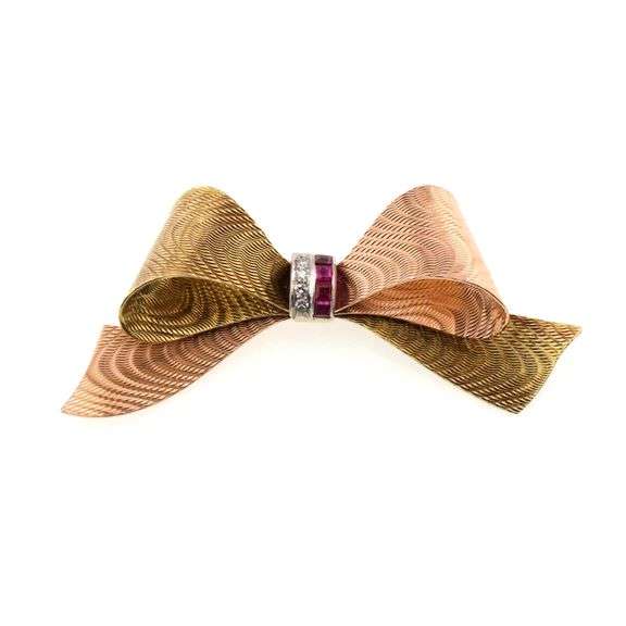 14k Gold Vintage Diamond & Ruby Bow Pin 11.0g - Dixon's Auction at Crumpton