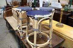 (3) MCM Blue and White Woven Rattan Stools - Dixon's Auction at Crumpton