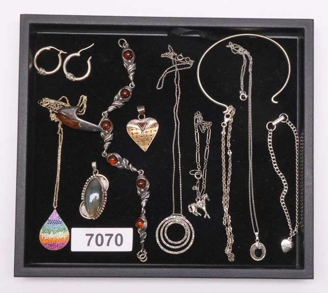 Sterling Silver Jewelry Lot Including Sterling & Diamond Necklace ...