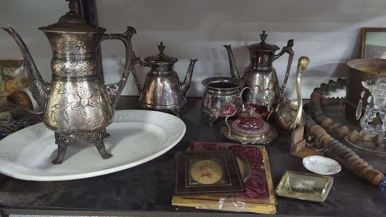 Lot Antique Silverplate Metal Serving Pieces, Antique Photo Album, Pool ...