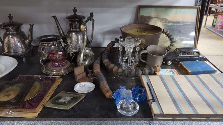 Lot Antique Silverplate Metal Serving Pieces, Antique Photo Album, Pool ...