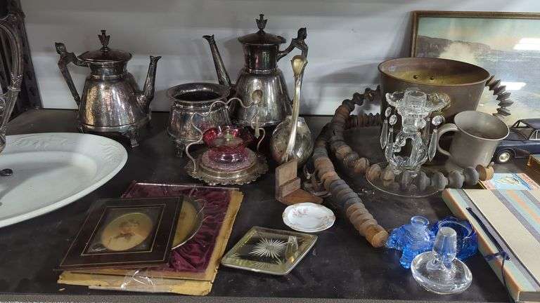 Lot Antique Silverplate Metal Serving Pieces, Antique Photo Album, Pool ...