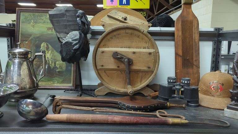 Lot Antique Butter Churn, Skinning Board, Antique Silver Plate Teapot ...