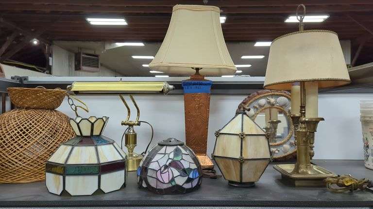 Lot of Slag Glass Lamp Shades, Emelia Paul Patch Pressed Copper Lamp ...