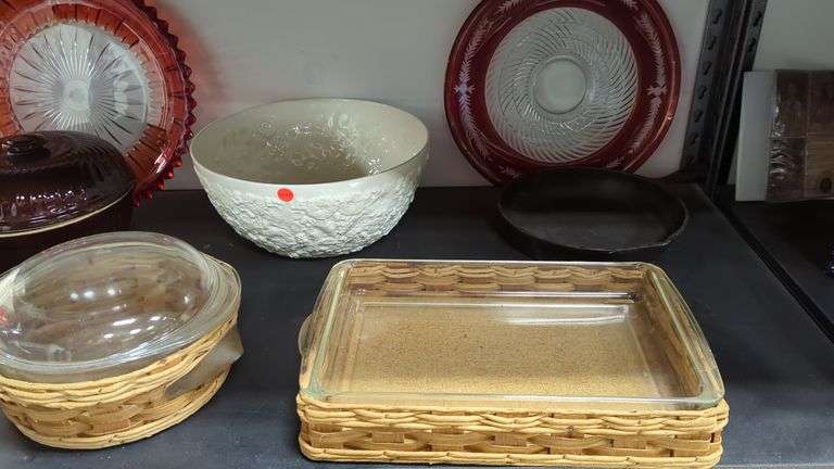 Lot Lab Ruby Red Serving Dishes, Spode Bowl, Wicker Covered Serving ...