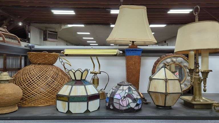 Lot of Slag Glass Lamp Shades, Emelia Paul Patch Pressed Copper Lamp ...